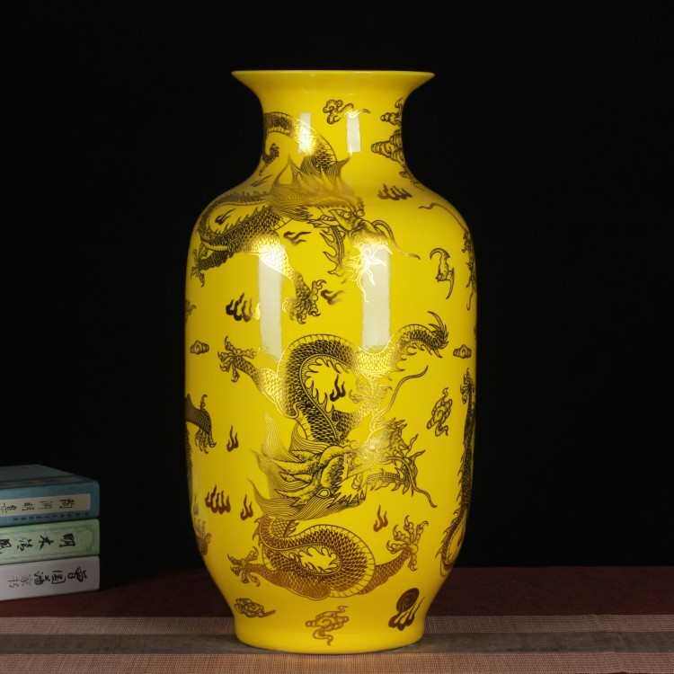 落冬瓜彩黄色 珐琅中式陶瓷景德镇金龙工艺品花瓶摆设地大家居