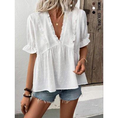 Y 29243 Ruffled V-neck short-sleeve top 褶皱花边 V 领上衣