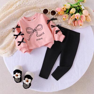 Girls' Butterfly Knot Top Set, Fashion Clothes Set