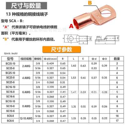 跨境195PCS盒装 SC窥口铜鼻子接线端子铜线耳/红黑热缩管套装