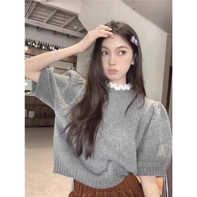 灰色蕾丝拼接半高领针织衫女春秋季欧货设计感泡泡袖短款纯欲上衣