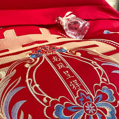 绣高四中TMM式龙凤刺婚庆件套大红档色结婚陪嫁喜被床单被套床上