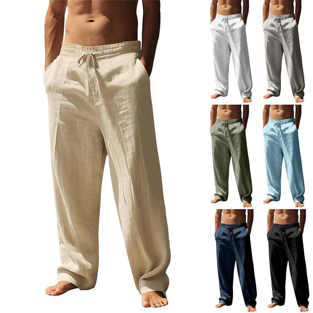 Men Lightweight Linen Pants Fitting Beach Leg Jeans Vanvene