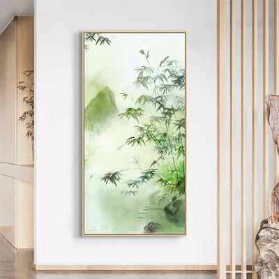 网红芬村手绘画新中式竹报风平安墨绿色客厅画装饰玄关油竹大子景