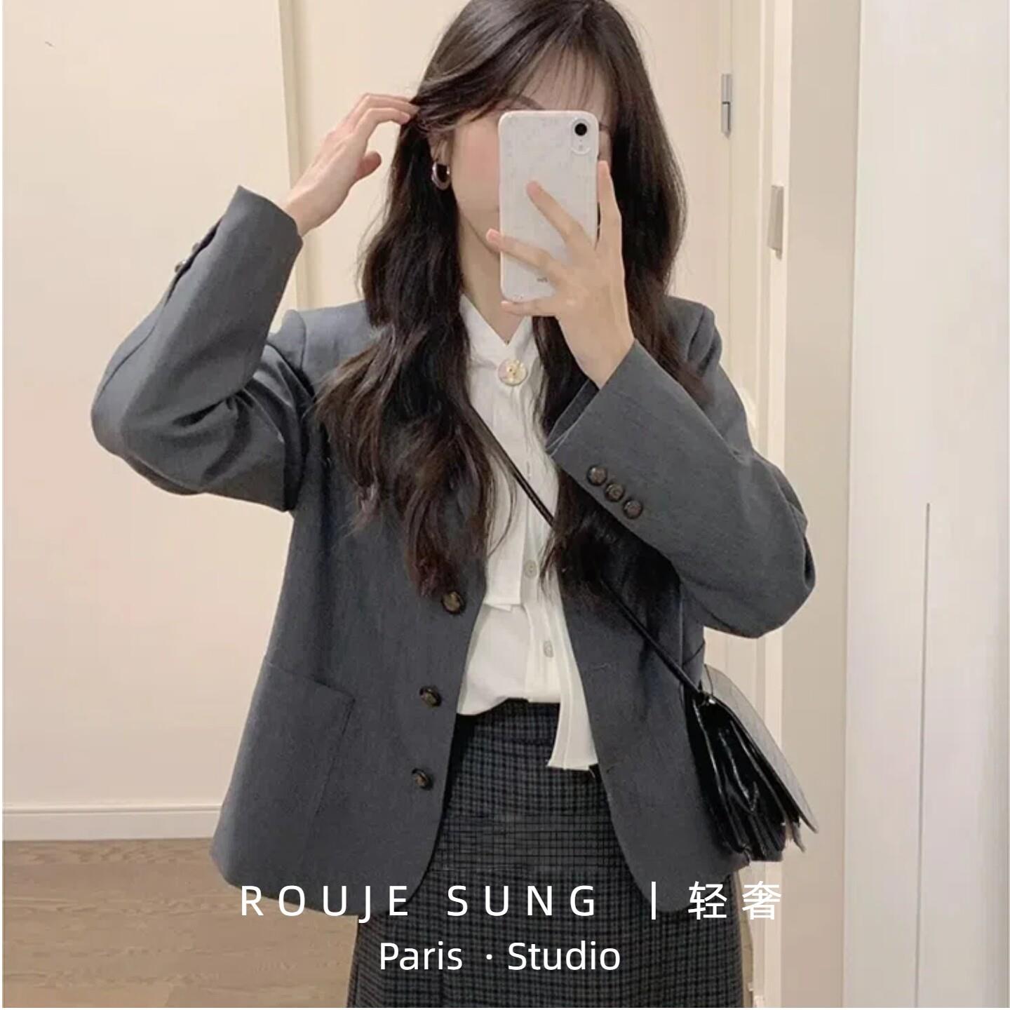 ROUJE SUNG法式轻奢灰色小西装外套女早秋新款西服休闲小个子高级