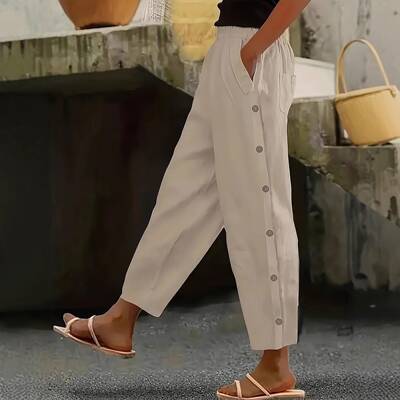 Women Color Side Button Straight Leg Pants Trouser Casual