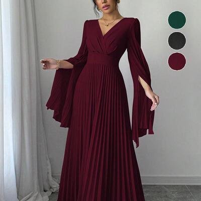 Women's Elegant Fitted A-Line Maxi Dress  Flounce Sleeves &