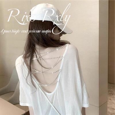 RIXO RXLY法式露背钉珠短袖衬衫女春夏季小众设计感甜美性感上衣