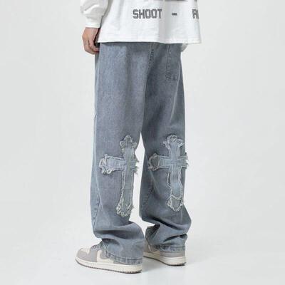 Men Trousers Cross Denim Pants Streetwear HipHop Baggy Jeans