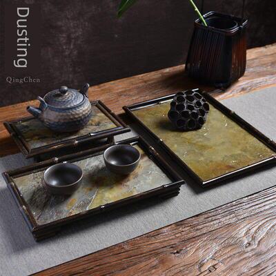 【清仓】紫竹托盘茶具石纹收纳盘文盘茶室奉茶盘竹编崖岩石茶盘