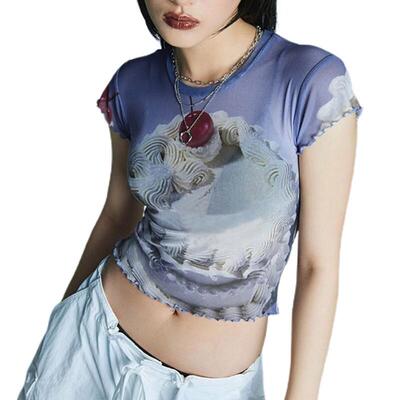 Short mesh print with transparent lace top女网纱透视花边上衣