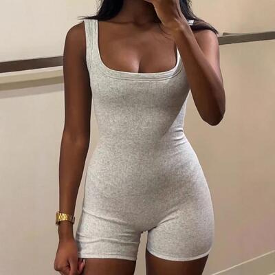 Women's Solid Square Neck Tank Romper Casual Comfy