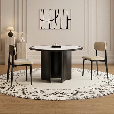 德利丰FAS白蜡木岩板餐桌法式中古风家用小户型内嵌圆形圆桌饭桌