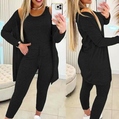 Womens 3Piece Casual Sports Suit Crew Neck Vest LongSleeved