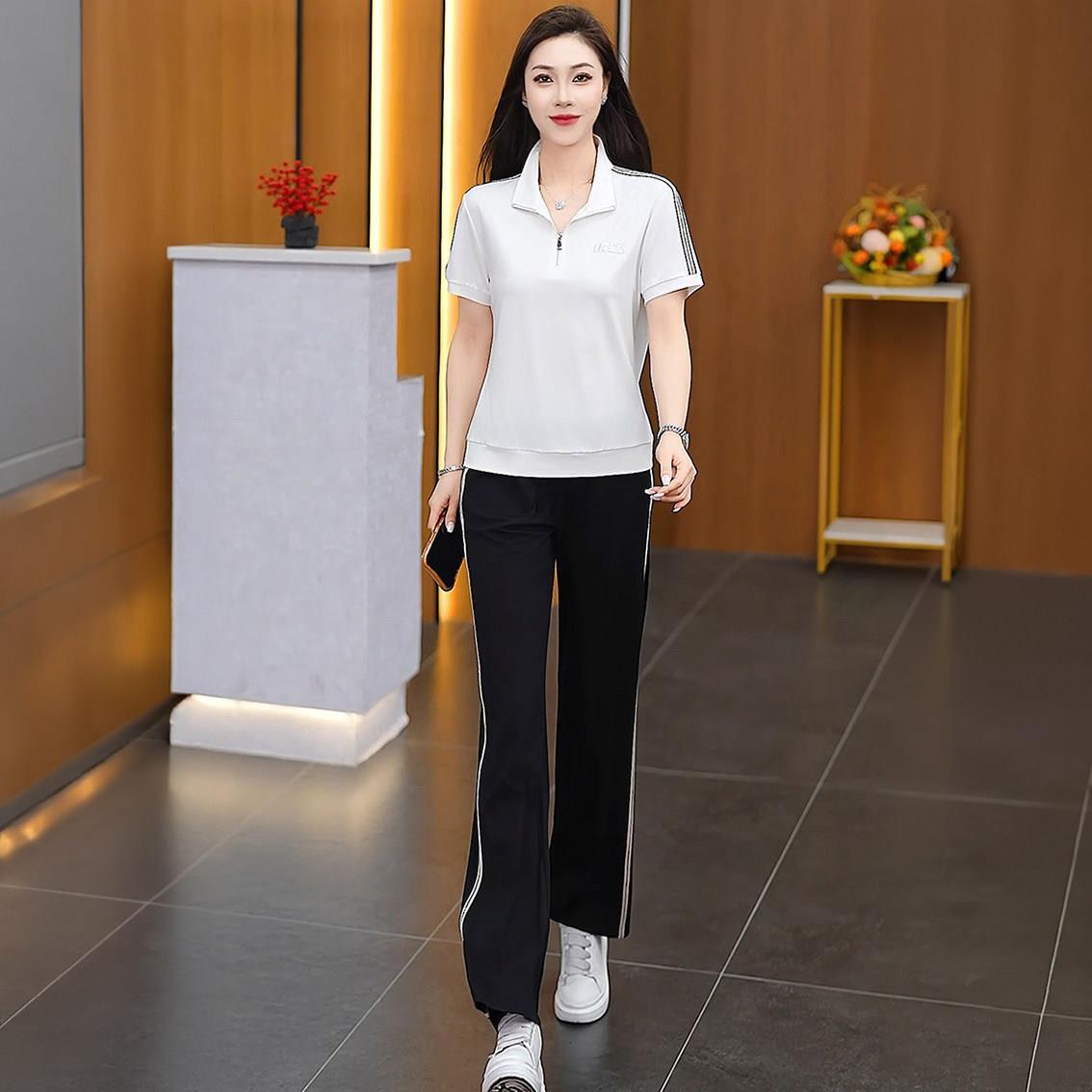 冰丝凉爽休闲运动套装女2026夏季轻薄时尚显瘦立领短袖长裤两件套