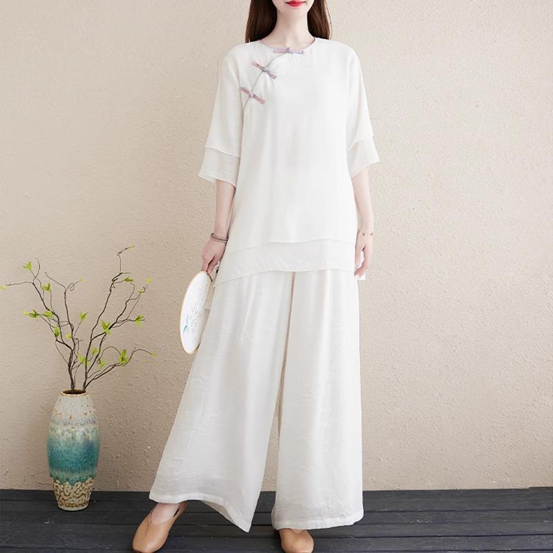 民国风棉麻瑜伽服禅修套装女2025年夏季新款斜襟禅意居士服两件套