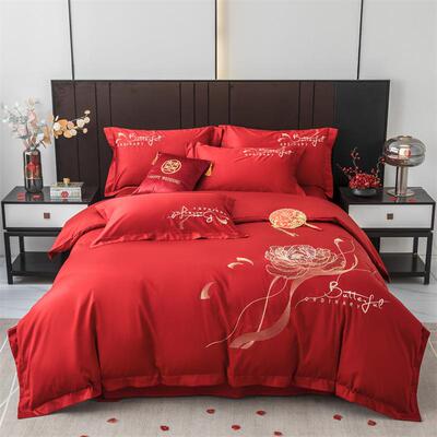 DW-91007结婚四大件套床用品棉刺绣简约时尚红全喜庆纯棉上婚被套