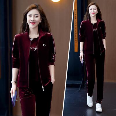 金丝绒闲动时服套装女春秋洋气开衫卫衣运遮休肚减龄尚显瘦三8271