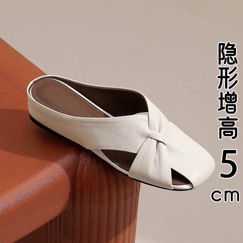 香港真皮编织缕空包头半拖鞋女夏外穿2026新款坡跟一脚蹬穆勒凉拖