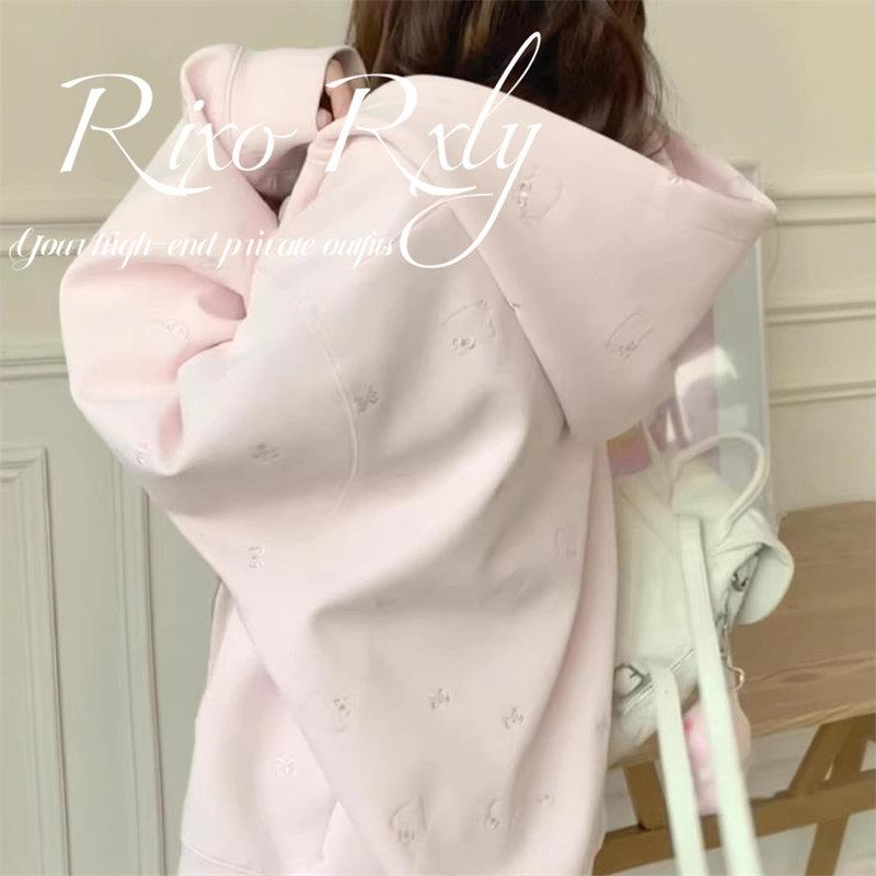 RIXO RXLY粉色刺绣连帽卫衣外套女春秋季宽松慵懒风休闲百搭上衣