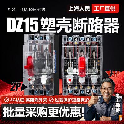 DZ15塑壳断路器3P空气开关100A 63A32A 25A 16A 80A 3P单相220V