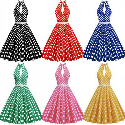 Hanging neck polka dot printed large swing dress