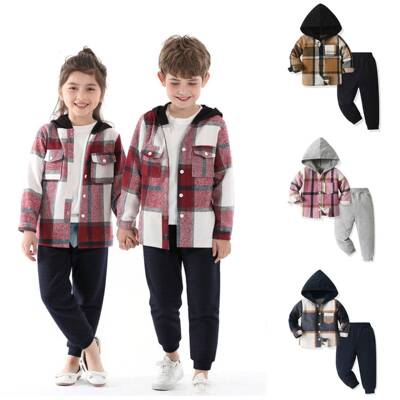 Boys' Plaid Jacket and Pants Set, Casual Daily Wear