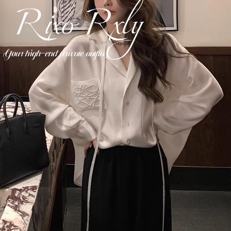 RIXO RXLY法式衬衫女春秋夏季小众上衣V领设计感醋酸缎面长袖衬衫