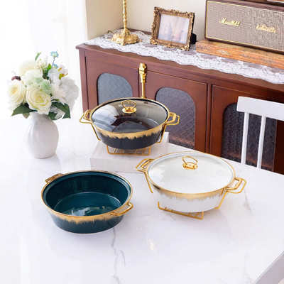 casserole圆形陶瓷锅烤盘蜡烛加热酒店圆形汤锅金色架子蜡烛烤盘