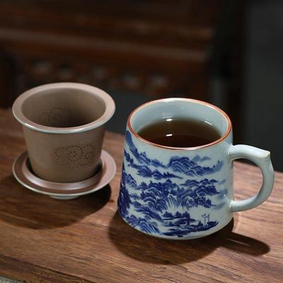 景德镇陶瓷杯茶水分离泡茶杯男士办公杯过滤水杯青花瓷杯子老陶泥