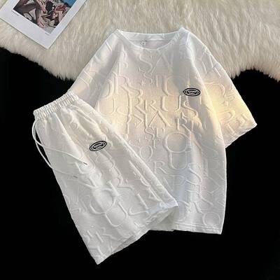 Two-Piece Set Boy's Letter Patched Tee & Pocket Shorts Set
