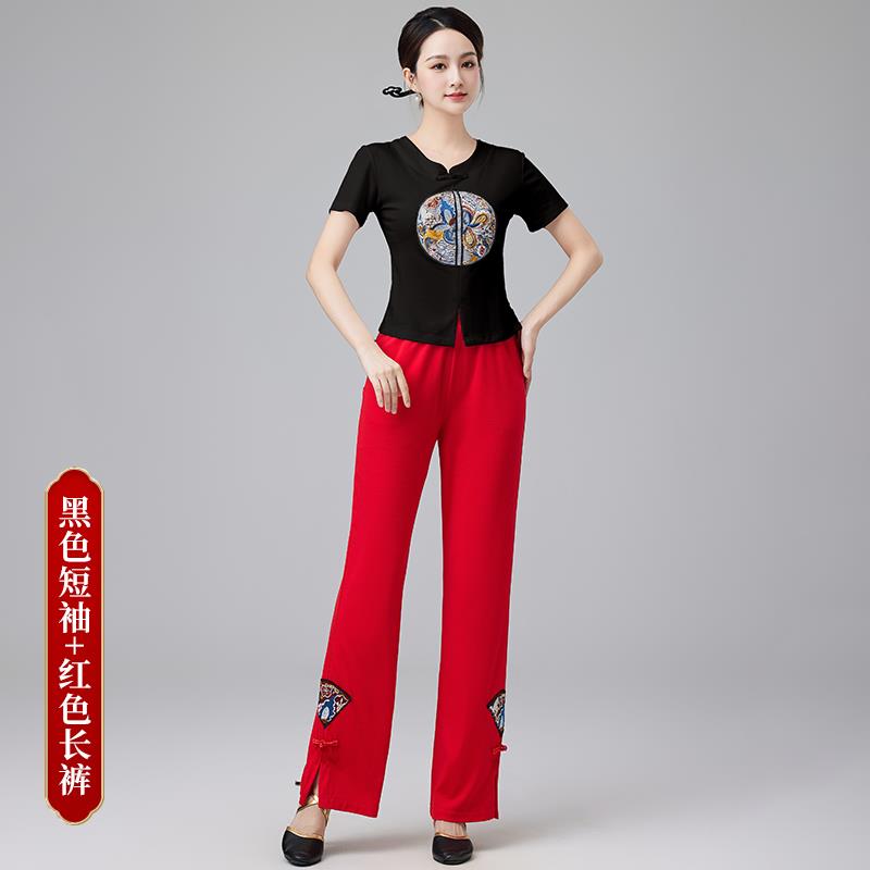 新款夏新款广场舞服装民族风刺绣古典舞蹈修身短袖舞台杨丽萍表演