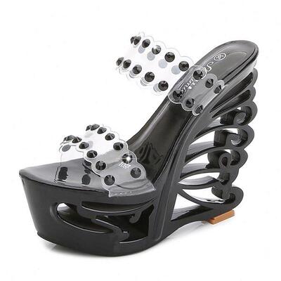 性感超夜高跟坡跟拖鞋c1076-1614m厚底镂空防水台字一拖店走秀舞