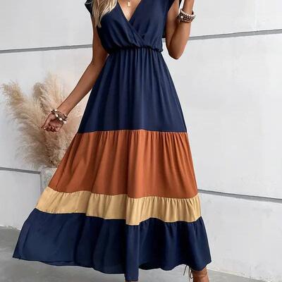 Womens Colorblock VNeck Dress Casual Elegant Sleeveless Long