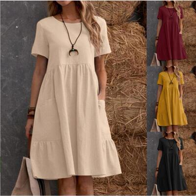 2026 Summer Retro Loose Fit Womens Linen Cotton Dress Solid