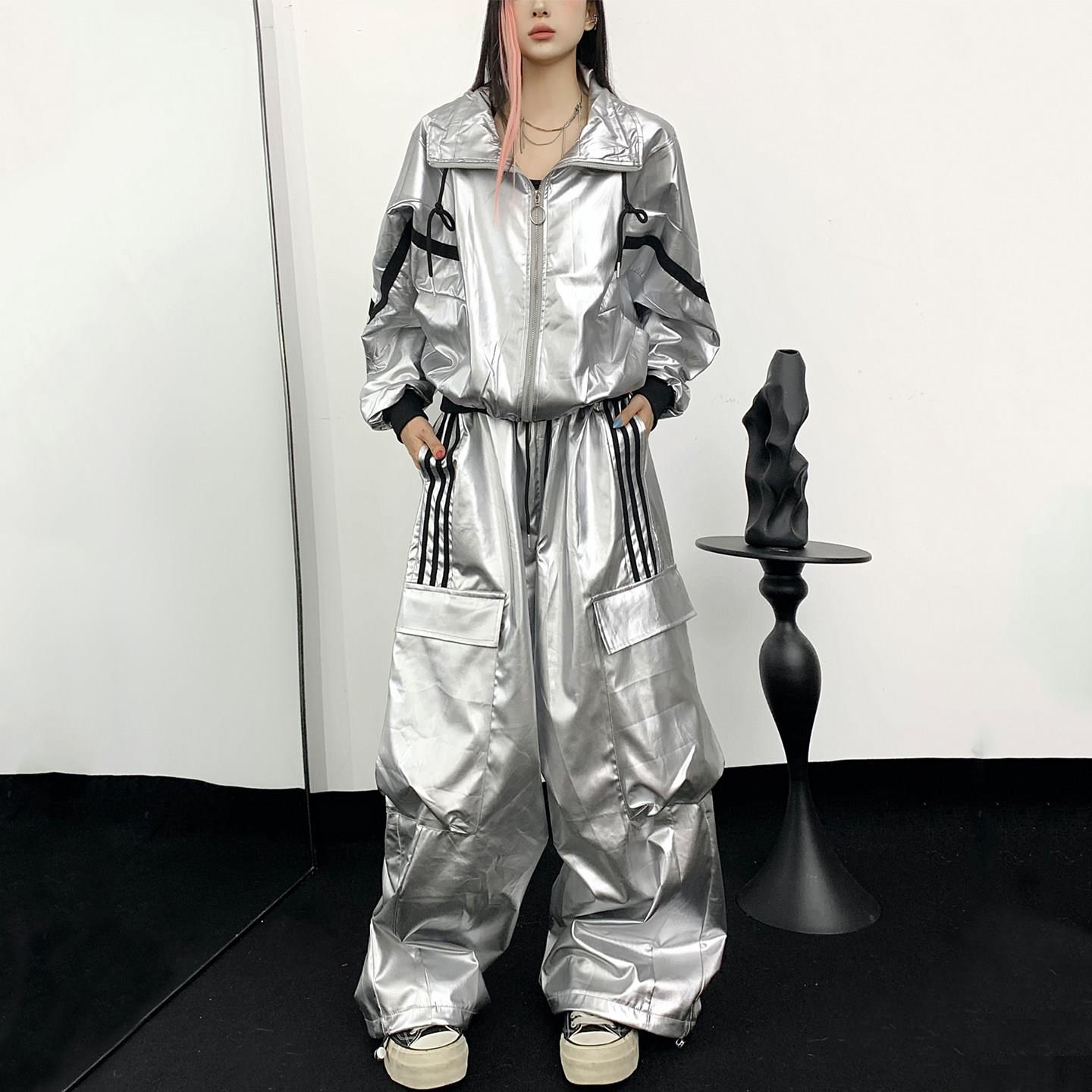 朋克hiphop潮牌美式街头机车夹克外套女爵士舞街舞舞台银色外套男