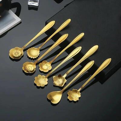 6pcs Stainless Steel Cherry Rose Flower Gold Scoop Coffee Sp