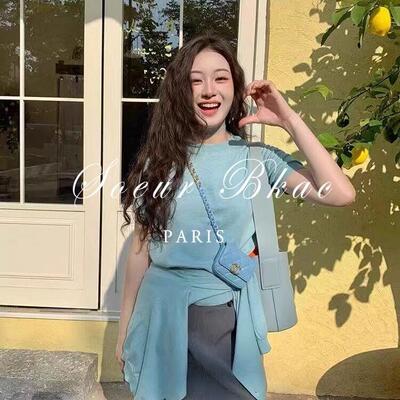 法国SOEUR BKAC法式蓝色T恤针织开衫单排扣女春季洋气内搭两件套