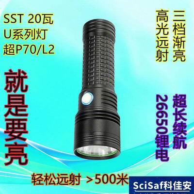 SST20瓦可携式白黄光三档远射超P70户外多功能强光手电筒手充电聚