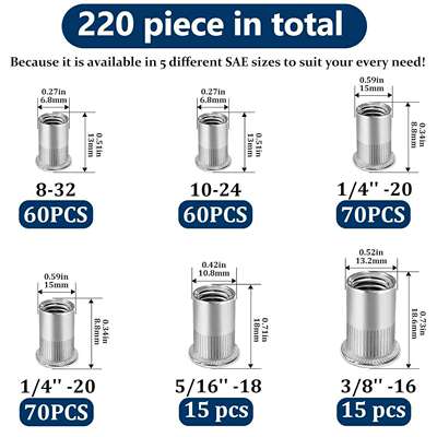 跨境220PCS 盒装 6.8-13.2mm 304不锈钢平头铆钉螺母组合套件