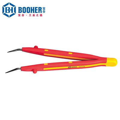 Booher宝合手动工具双色绝缘弯尖横齿镊子159mmBH0231155