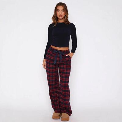 Christmas Plaid Pajama Pants for Women Low Rise Wide Leg