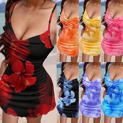 Floral Print Ruched Neck Strap Mini Dress Fitted Sleeveless