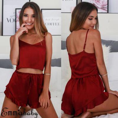 Silk Robe Camis Shorts 2Pcs Babydoll Nightwear Red Sleepwear