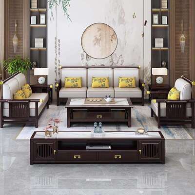 QFX新中式客厅实木沙发中现代别墅木质典家具式组合古禅四意人位