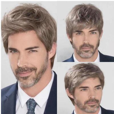 Wig men's wig men's fluffy curly hair wig gray high