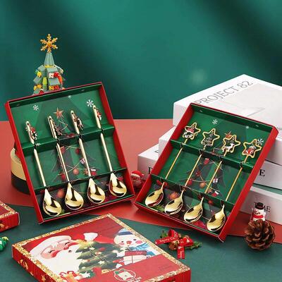 4PCS Christmas Coffee Spoons Set Gold Christmas Stainless St