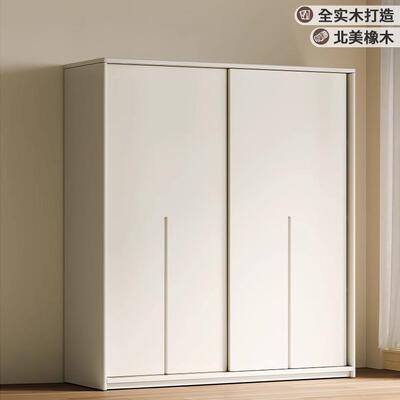 全实木橡木推用MDK拉门衣柜白衣色简约现代挂衣柜卧室家小户型主
