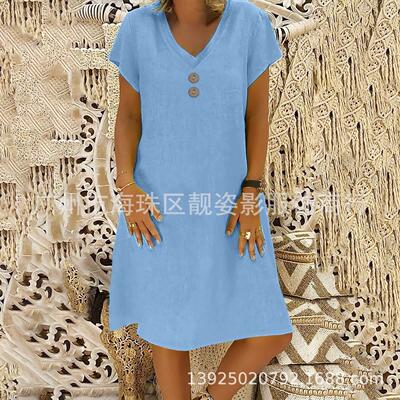 V-neck short sleeved cotton linen dress
