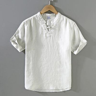 Mid button short sleeved linen shirt for men, stand up